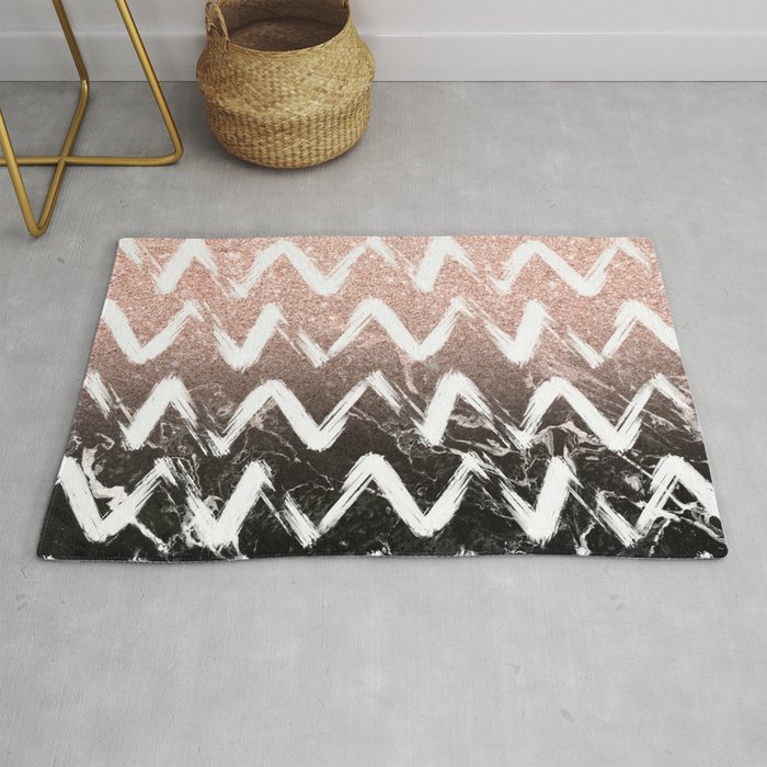 Modern Faux Rose Gold Glitter Black Marble Chevron Rug By Girly Trend